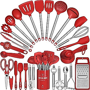 Kitchen Utensils Set- Umite Chef 34 PCs Cooking Utensils with Grater, Spoon Spatula, Heat Resistant Food Grade Silicone, Stainless Steel Handles Kitchen Gadgets Tools Set for Nonstick Cookware(Red)