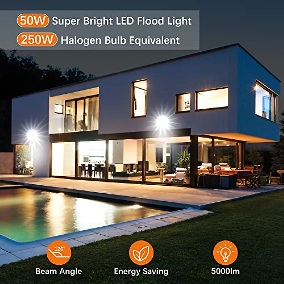LEPOWER 50W LED Flood Light, 5000lm Work Light with Plug, Equiv 250W Halogen, 6000K White Light, IP66 Waterproof Outdoor Floodlight for Garage, Garden, Lawn, Basketball Court, Playground 2 Pack