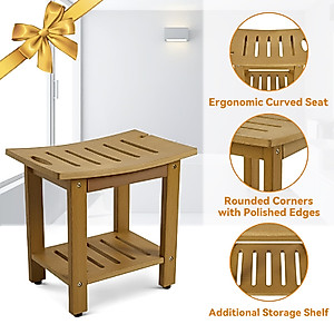 Marcytop Shower Bench with Storage Shelf, 18 1/2" D ×12" W HDPE Shower Stool for Inside Shower, Waterproof and Anti-Fade Shower Chair, Non-Slip Shower Seat with Handle for Bathroom, Bright Brown