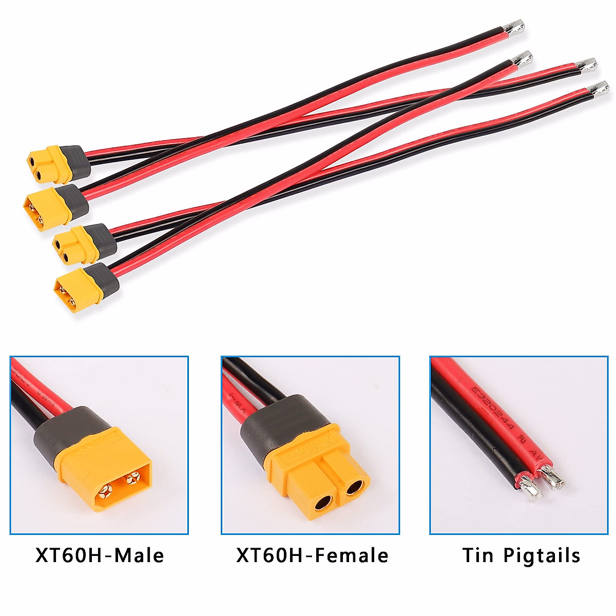 GINTOOYUN 2 Pairs XT60H Plug Male Female Connector Pigtails Cable 1Ft 12AWG 4 Pcs XT60H-M XT60H-F Extension Cable for RC Lipo Battery FPV Drone 30CM