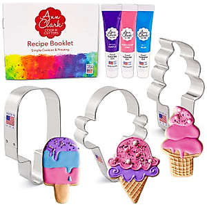 Ice Cream Cookie Cutters and Decorating 6-Pc. Set Made in USA by Ann Clark, Hard Ice Cream Cone, Soft Serve, Popsicle, Purple, Pink, & Sky Blue Food Coloring Gel