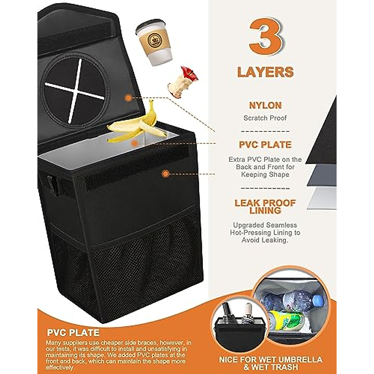 Pritent Car Trash Can with Lid, Cute Leakproof Car Trash Garbage Bag Hanging Vehicle Trash Bin Small Portable Automotive Garbage Cans Organizer for Back/Front Seat/Console(Trapezoid,Black)