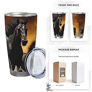Running Black Horses Tumbler with Lid and Straw 20oz Stainless Steel Car Cup for Hot and Cold Drinks, Double Wall Insulated Travel Coffee Mug Reusable Drink Thermos Cup Birthday Gifts