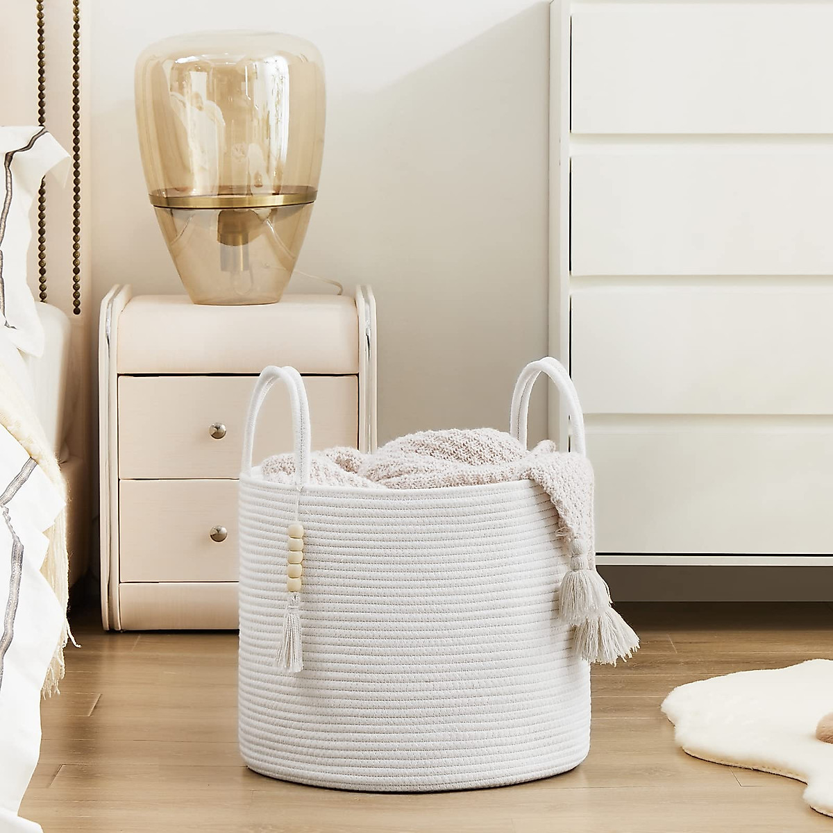 YOUDENOVA Woven Rope Laundry Hamper Basket, 46L Luandry Basket, Baby Nursery Hamper for Blanket Storage, Clothes Hamper for Laundry in Bedroom- 16"×16"×14"- White