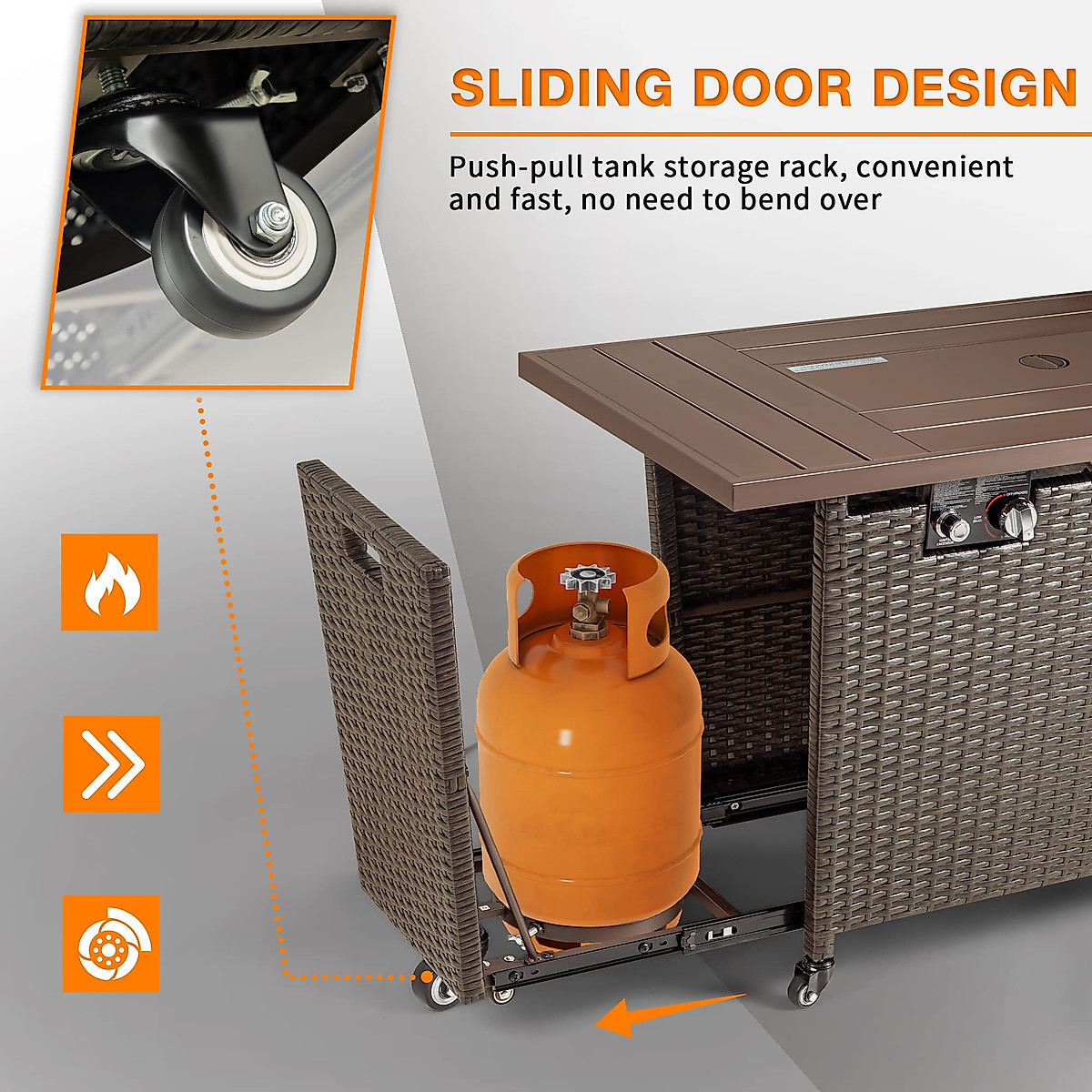 Devoko 43 inch Outdoor Wicker Propane Gas Fire Pit 50000 BTU Patio Rattan Fire Pit Table with Metal Tabletop, Replaceable Casters/Pads, Windproof Glass Cover, Slide Out Tank Holder, Cover, Lid