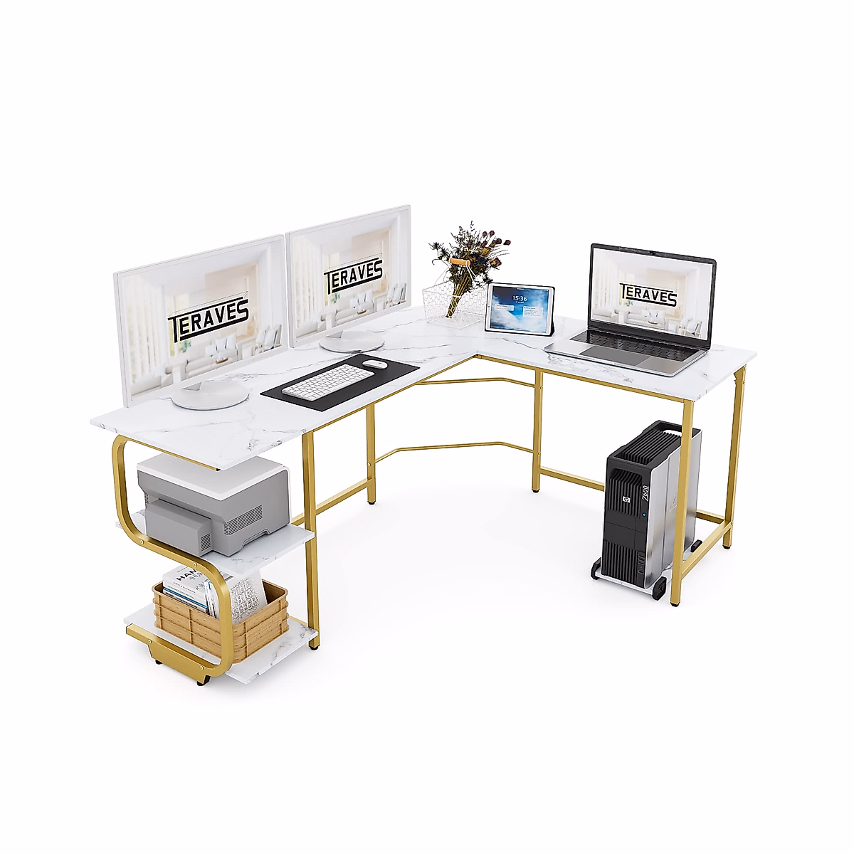 Teraves Reversible L Shaped Desk with Large Surface, 69 Inch Sturdy Corner Desk with Storage Shelves, Premium Office Computer Desk Workstation for Home Office Gaming