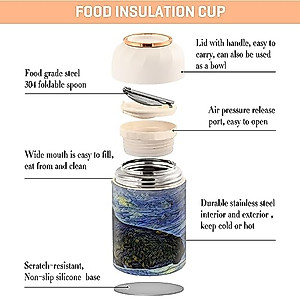 CUPADA Cat Art Funny Food Jar, Van Gogh Style Insulated Hot Food Jars Vacuum 17OZ with Folding Spoon for Work Trip Picnic Camping
