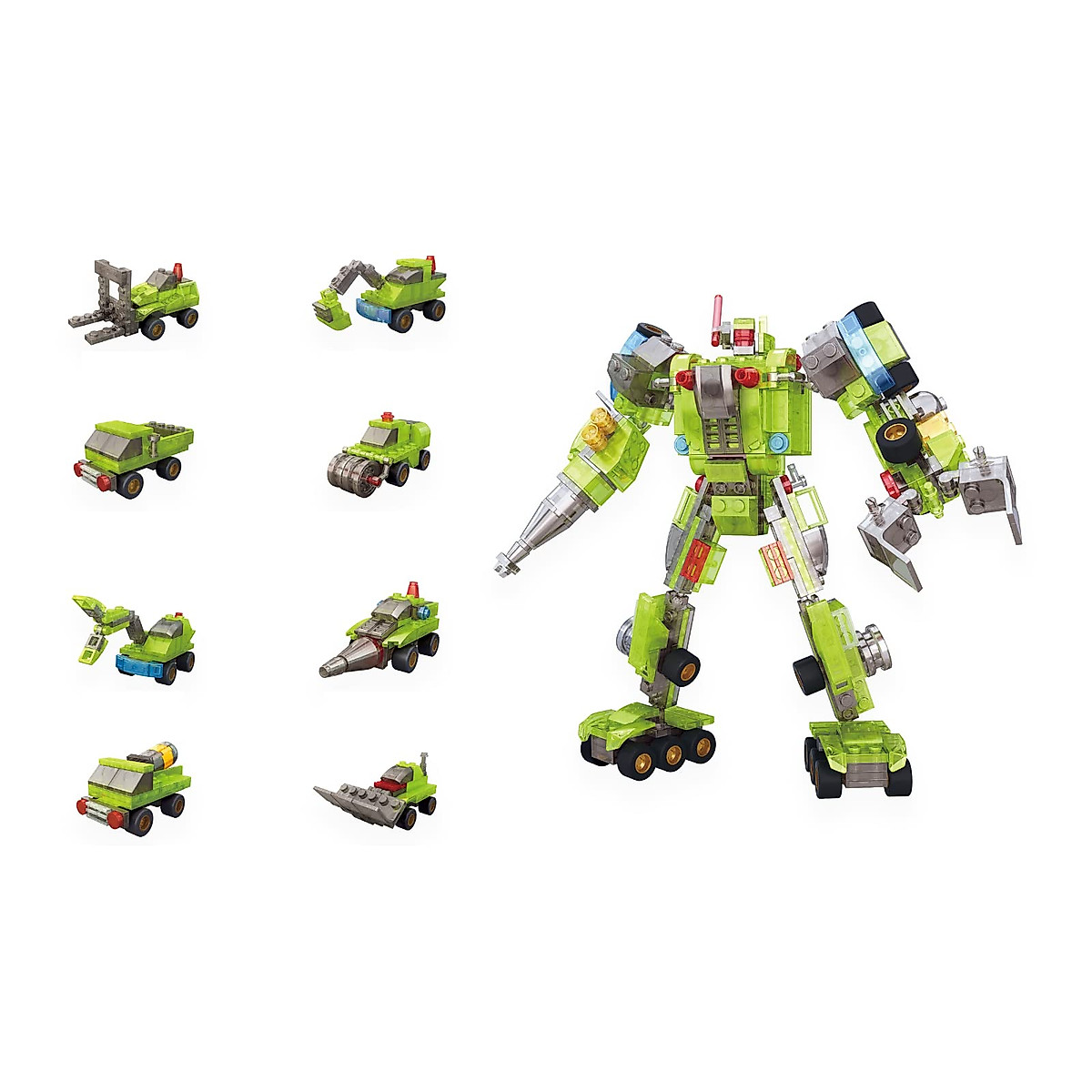 KOOKAMUNGA KIDS 8-in-1 Green Robot Building Block Kit - 8 Mini Toys Transform Into 1 Large Robot Toy - Interlocking Blocks - Transforming Buildable Set for Kids - Works with Other Blocks (318 Pieces)