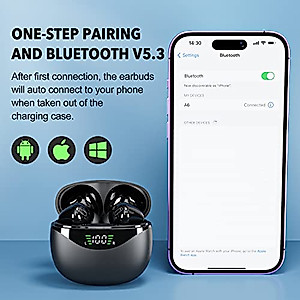 FEANS A6 Wireless Earbuds 60H Playtime in-Ear Bluetooth 5.3 Headphones with LED Power Display IPX5 Waterproof Earphones Immersive Stereo Sound Deep Bass Earbuds for iPhone Android, Sports (Black)