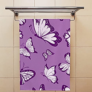 Hand Bath Towels 2 Pack Violet Butterflies Absorbent Face Fingertip Towels for Bathroom Kitchen Gym Spa Soft Hair Drying Cloth Quick Dry, 30 x 15 Inch