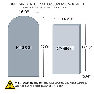 White Arch Medicine Cabinet With Mirror, Recessed Or Surface Mount Medicine Cabinet With Mirror -16" x 27", Small Medicine Cabinet For Bathroom Mirror Cabinet Frameless Bathroom Mirror With Storage