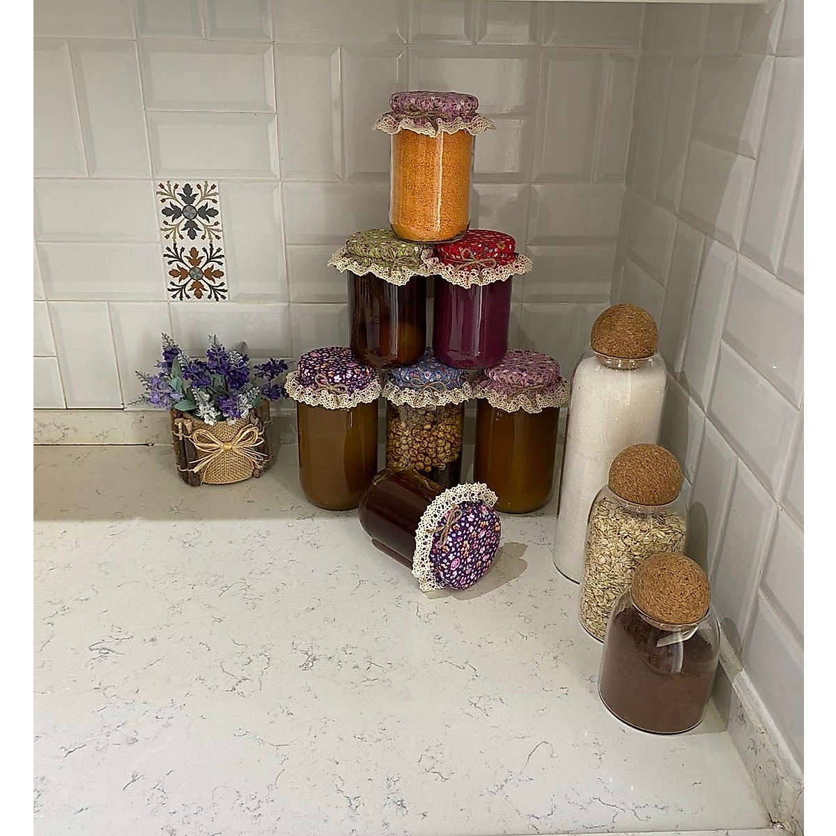 10 Pieces Elastic Jar Cover Cloth - 100% Cotton Jar Cover Cloth - Stretchy Colorful (Red,Blue,Yellow,Pink,Green) Flowered Pattern - Breathable Fermentation Lid Bowl - Reusable Elastic Cloth Jar Covers