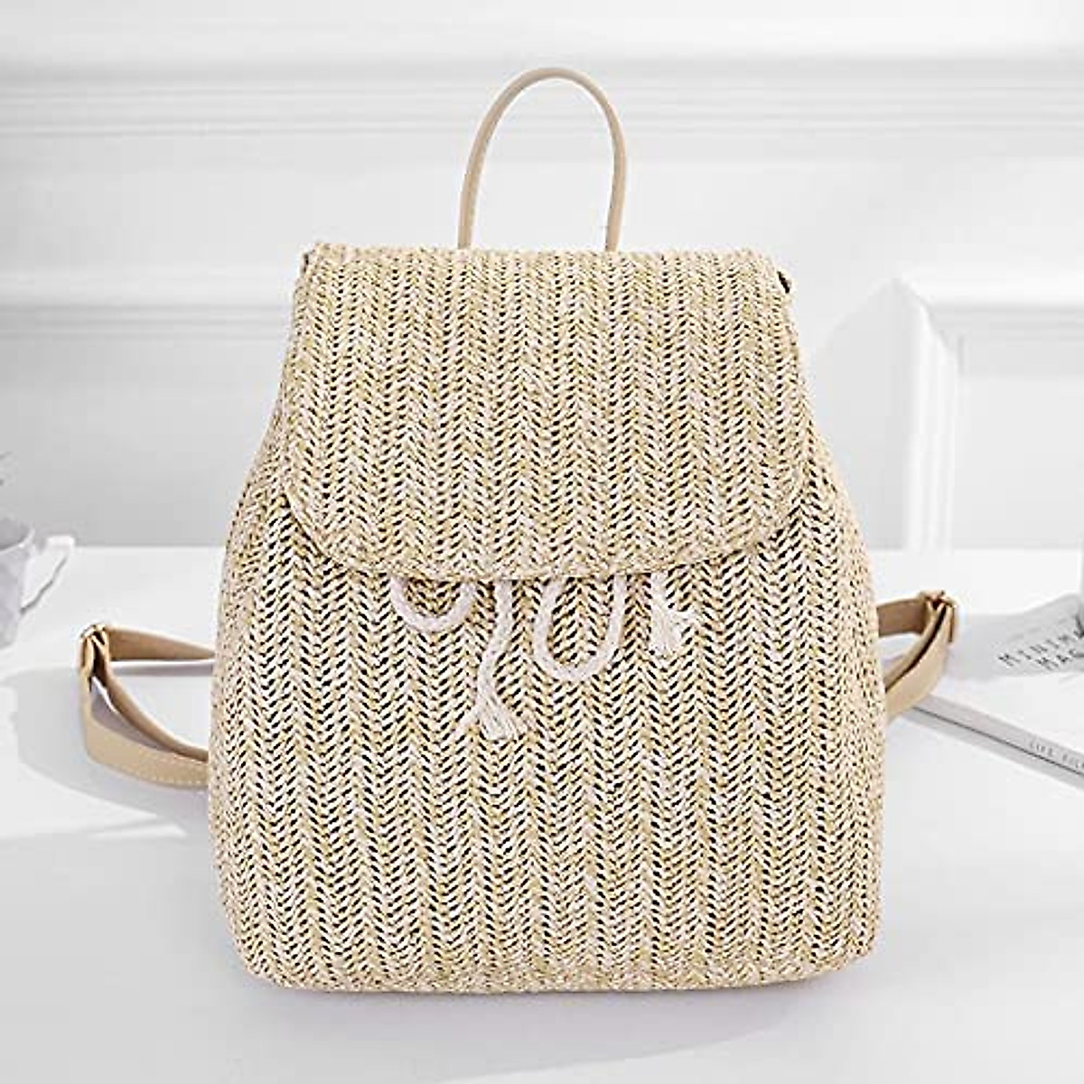 Felice Ann Women Medium Straw Woven Backpack Flap Drawstring Daypack