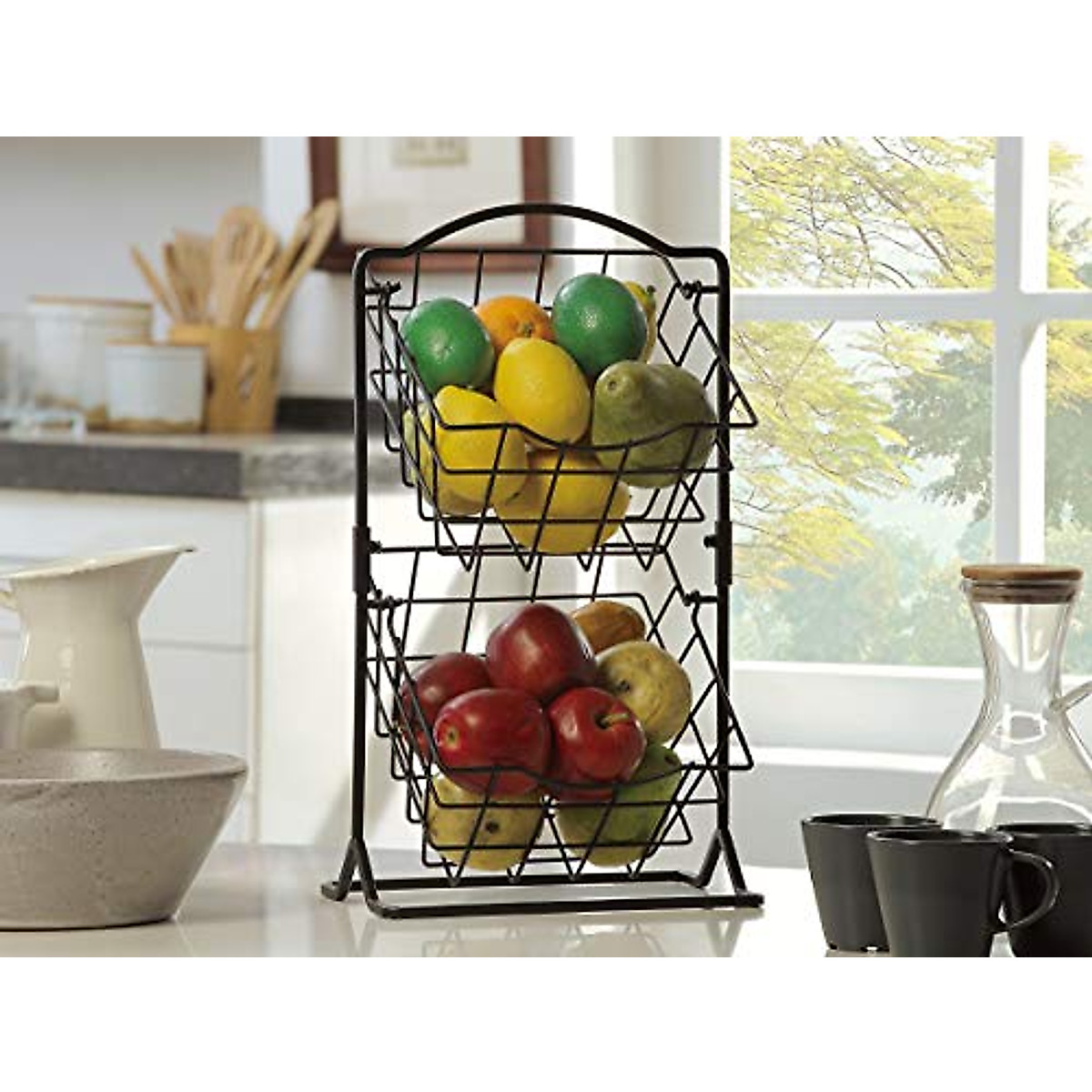 SunnyPoint 2-Tier Metal Mini Countertop Fruit Storage Basket, Antique Black