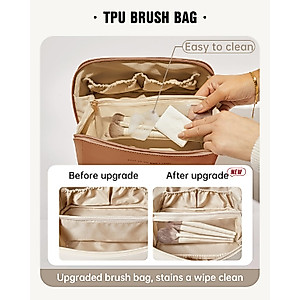 EACHY Travel Makeup Bag,Large Capacity Cosmetic Bags for Women,Waterproof Portable Pouch Open Flat Toiletry Bag Make up Bag with Divider and Handle (Brown, Medium)