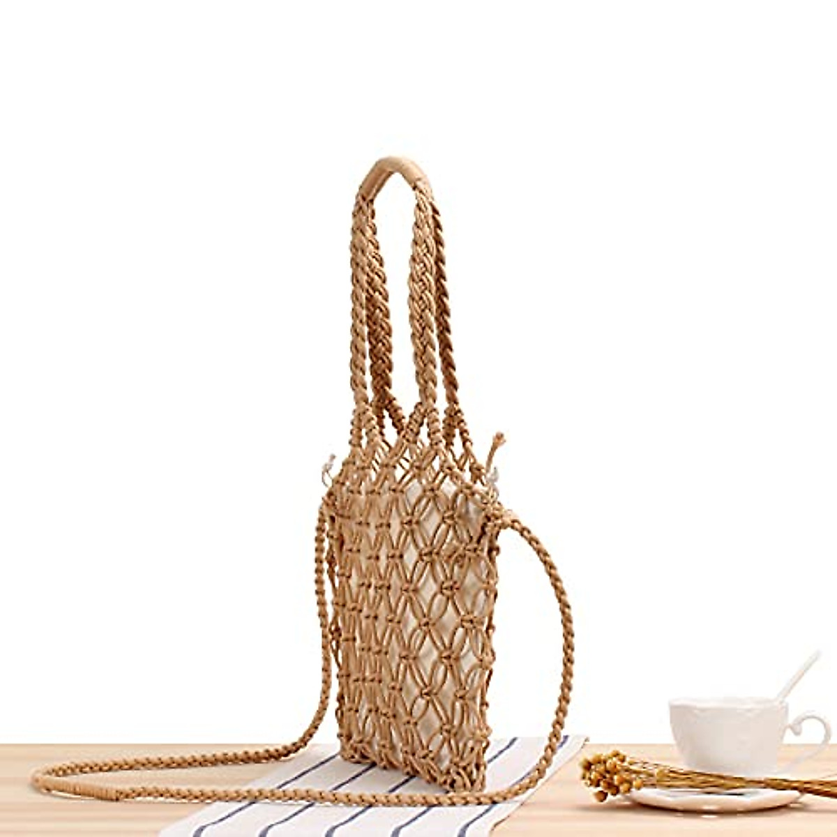 JBR Straw Crossbody Bag Cotton Rope Leisure Beach Bag Fishing Net Handbag Woven Shoulder Bag for Women Girls Purse, Khaki