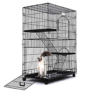 Homey PET INC Folding Wire Cat Ferret Collapsible Foldable Lockable Habitat Crate with Casters,Tray and Hammock, 36", Black