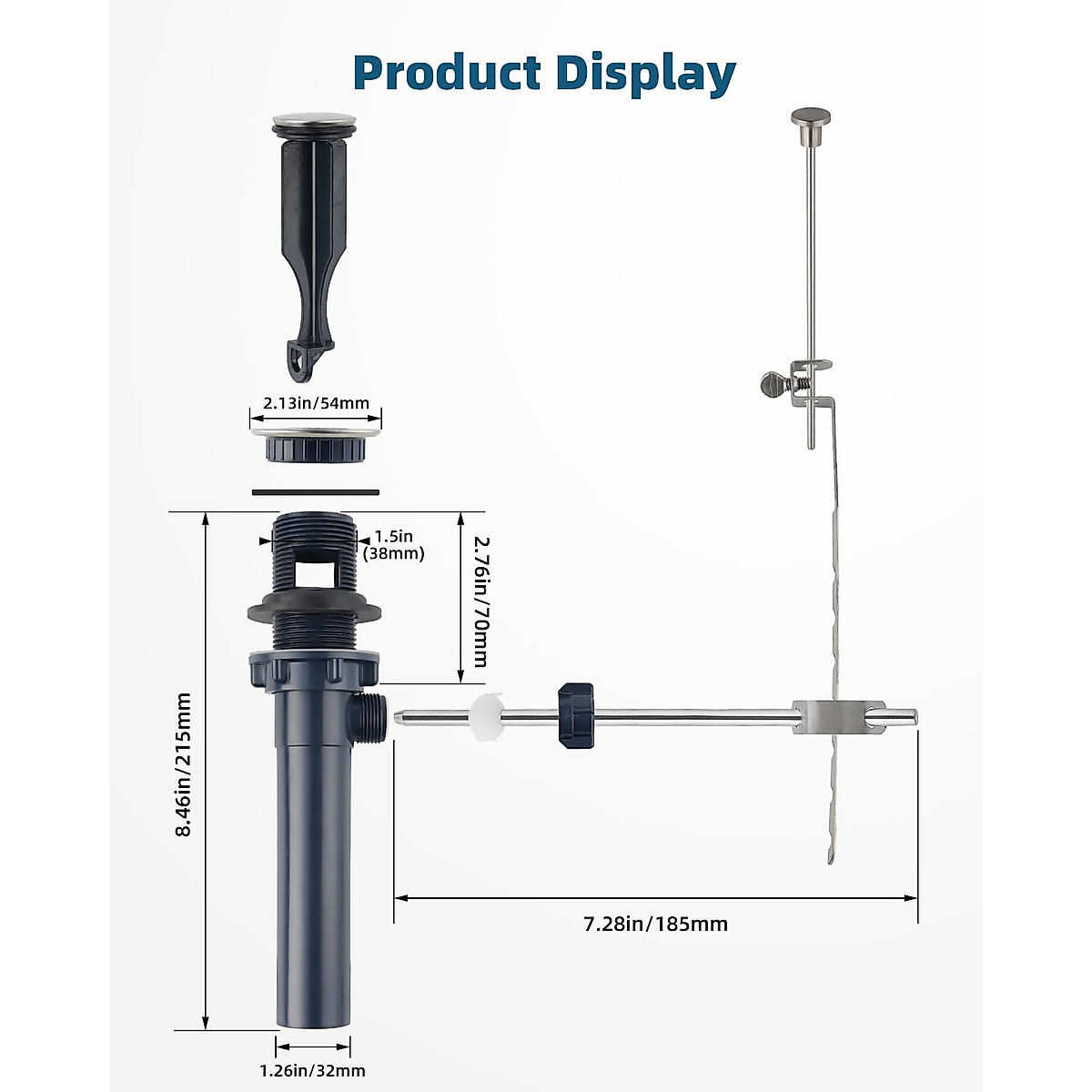 Bathroom Sink Drain with Lift Rod, Pop Up Sink Drain with Overflow, Brushed Nickel Drain Stopper for Vessel Sink, Assembly for Bathroom Faucet