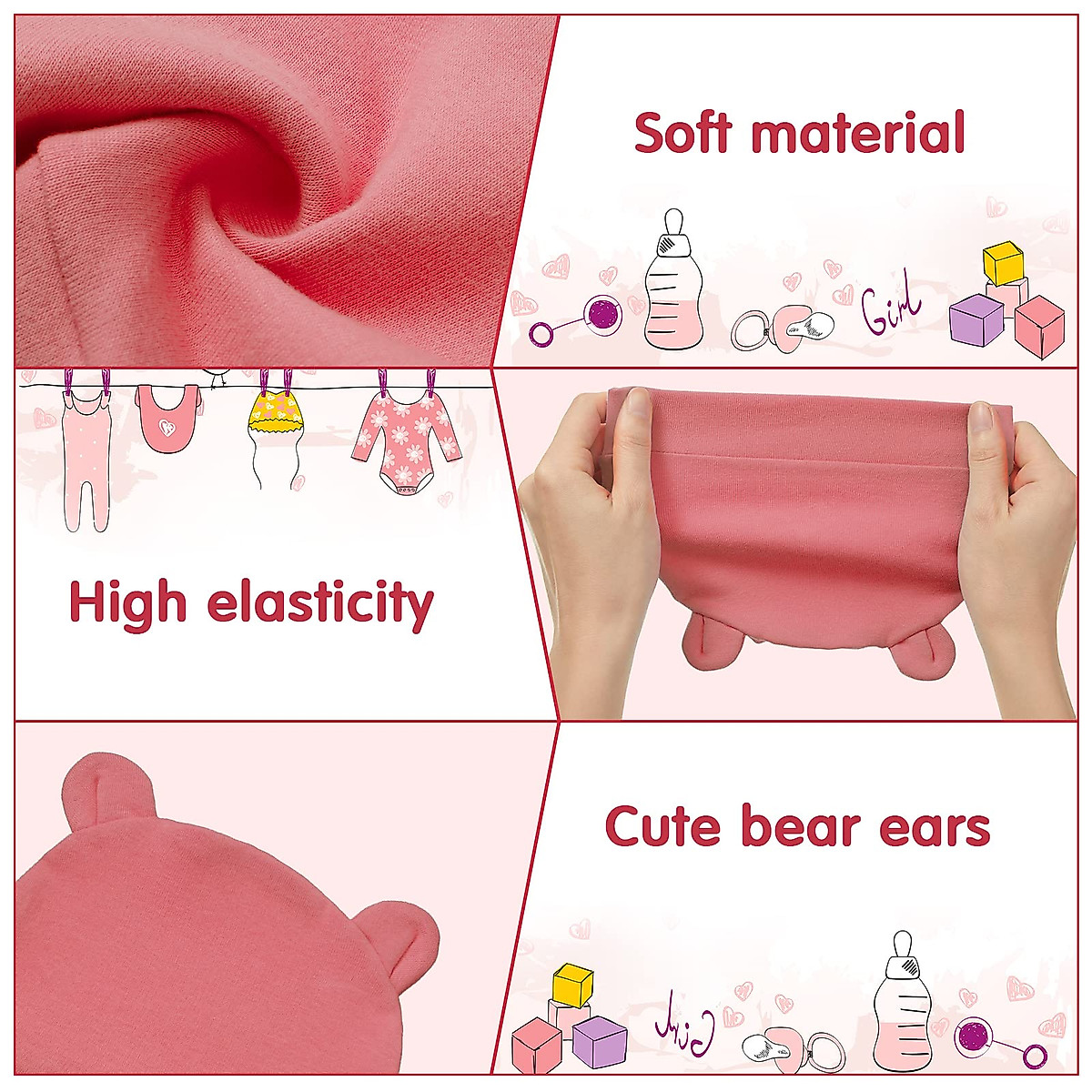 6 Pieces Newborn Baby Hat Bear Ears Infant Caps Baby Boy Girl Toddler Hats Infant Beanie Caps for 0-3 Months (Pink White, Light Pink, Dark Pink, Orange, Rose Red, Purple,Classic)