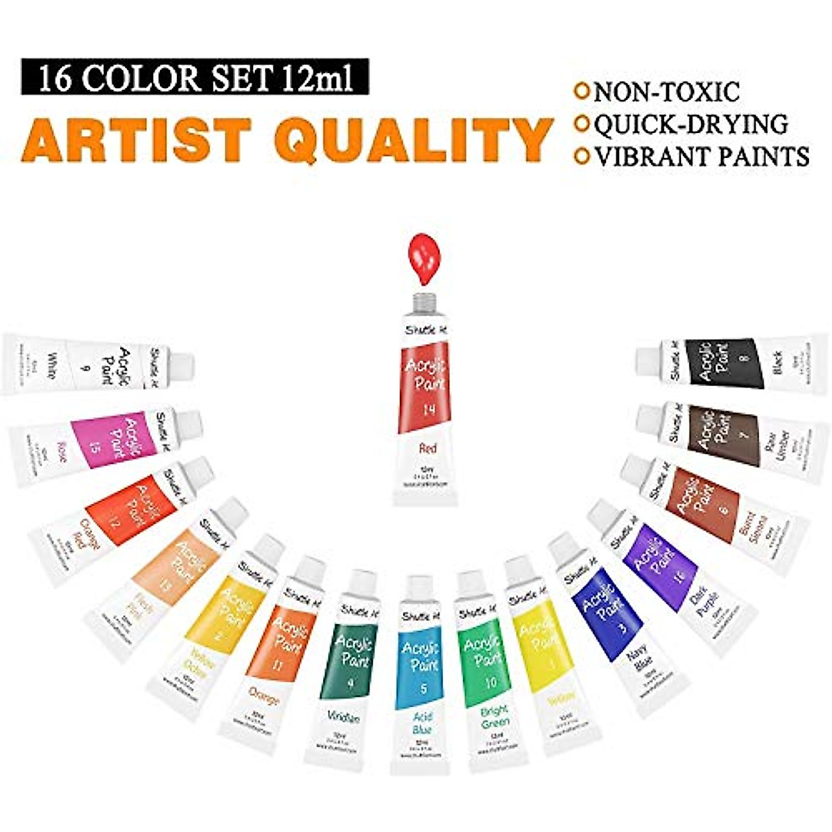 Shuttle Art Acrylic Paint Set, 16 x12ml Tubes Artist Quality Non Toxic Rich Pigments Colors Great for Kids Adults Professional Painting on Canvas Wood Clay Fabric Ceramic Crafts