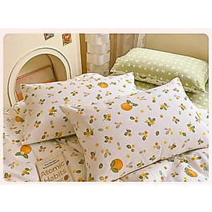 Generic 100% Cotton Duvet Cover and 2pc Pillowcases Twin Queen King Full Size Orange Fruit Print Bed Linen Bedding Home Textile with Zipper Closure and 4 Tiers (King), Green