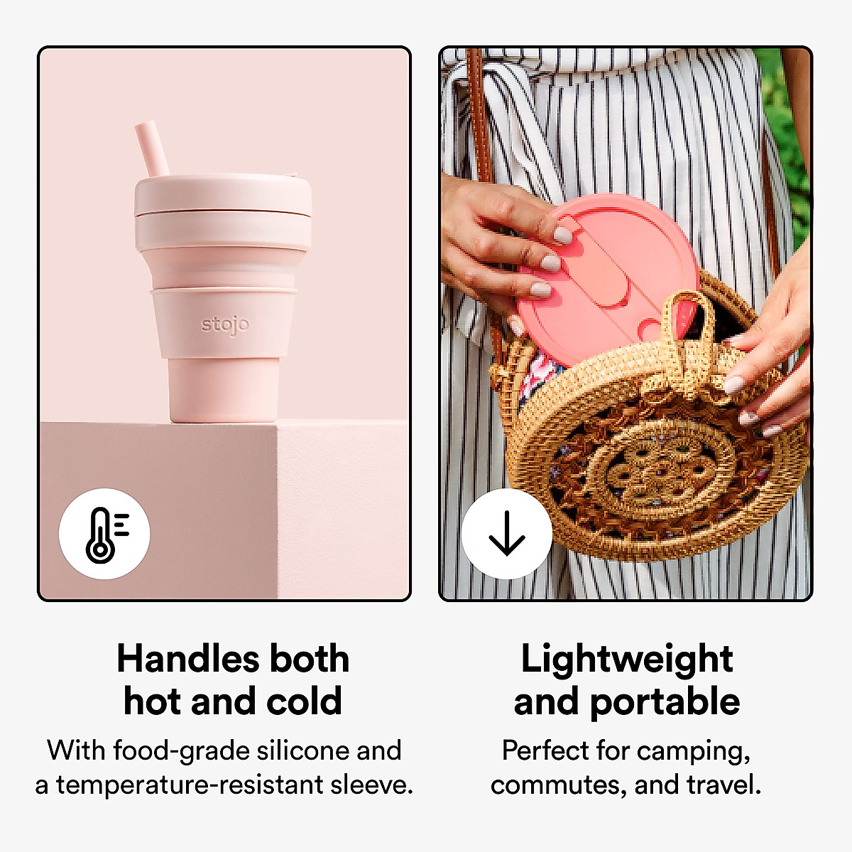 STOJO Titan Collapsible Travel Cup With Straw - Carnation Pink, 24oz / 710ml - Reusable To-Go Pocket Size Silicone Cup for Hot & Cold Drinks - Camping and Hiking - Microwave & Dishwasher Safe