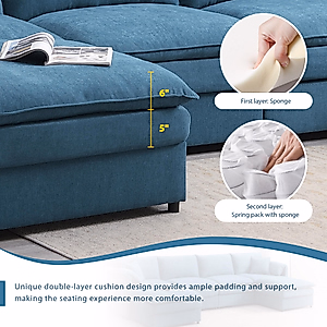 Modern U-Shaped Cloud Couch Set with Double Cushions, Chenille Modular 6-Seat Sectional Sofa Sleeper Bed with Ottomans Blue