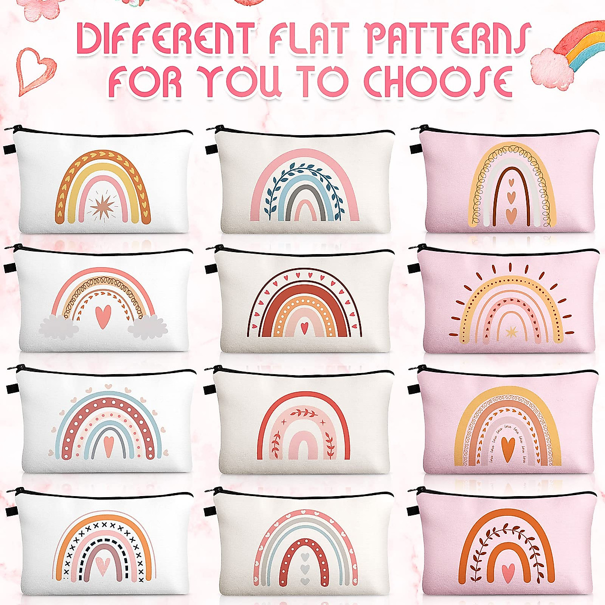 Sanwuta 12 Pieces Cosmetic Bags Makeup Bags Printed Roomy Toiletry Bag Waterproof Beauty Bag Organizer Pouches with Zipper Makeup Accessories for Women Girls (Rainbow Style)