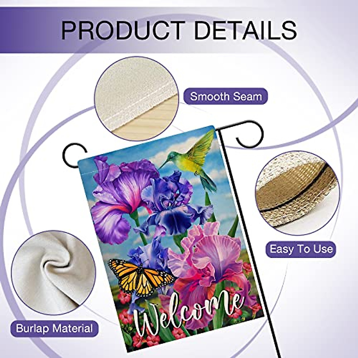 Hzppyz Welcome Spring Hummingbird Iris Garden Flag Double Sided, Purple Flower Bird Yellow Butterfly Decorative House Yard Outdoor Small Decor, Summer Floral Arrangement Home Outside Decoration 12x18