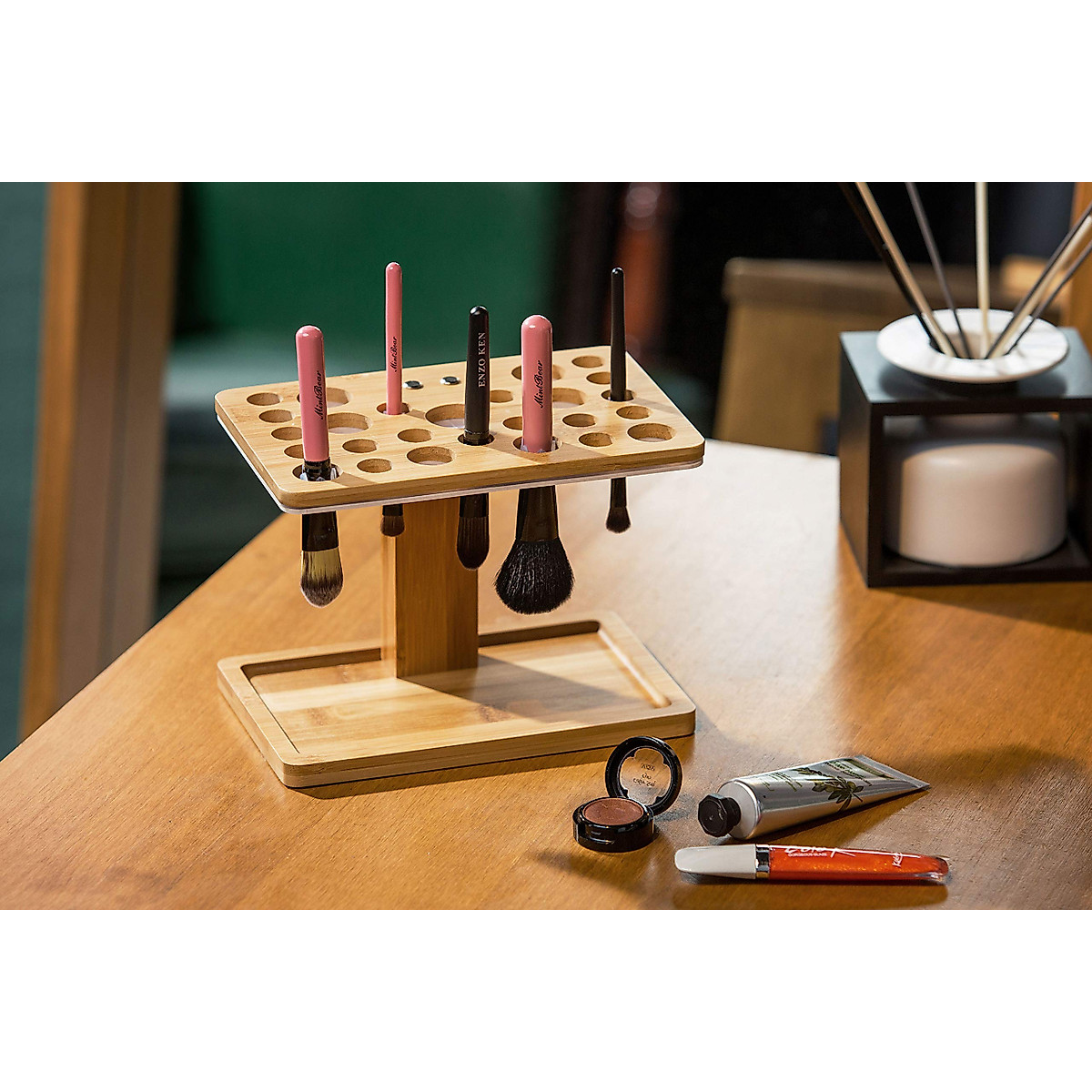 Bamboo Brush Makeup Cosmetic Air Drying Rack Tower Acrylic Folding Brushes Dryer Holder Display Organizer Stand with Silicone Brush Cleaner Mat Support Tray(26 Hole, FULLY ASSEMBLED) – MK288B