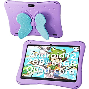 SGIN Tablet for Kids, 10 Inch Android 12 Kids Tablet with Kids Case, 2GB RAM 64GB ROM, 5000mAh, 1280 * 800 Display, Dual Camera, WiFi, Educational Games, Blue Butterfly Handle