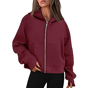 AUTOMET Womens Oversized Sweatshirts Zip Up Cropped Hoodies Fleece Jackets Full Zip Pullover Sweater 2024 Fall Fashion Outfits Trendy Winter Clothes Winered
