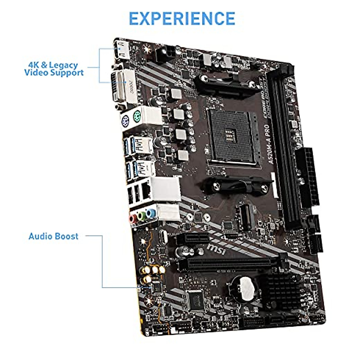 MSI A520M-A PRO Gaming Motherboard (AMD AM4, DDR4, PCIe 3.0, SATA 6Gb/s, M.2, USB 3.2 Gen 1, DVI/HDMI, Micro-ATX)