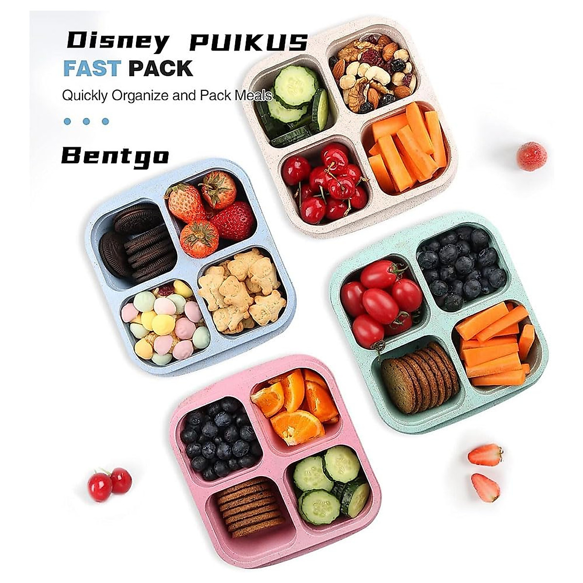 TurtingAs Snack Containers, 4 Pack Reusable Bento Snack Box, 4 Compartments Meal Prep Lunch Containers for Kids Adults, Divided Food Storage Containers for School Work Travel