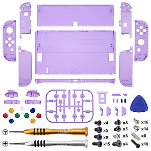 eXtremeRate DIY Full Set Shell for Nintendo Switch OLED, Replacement Console Back Plate & Kickstand, Custom NS Controller Housing with Full Set Buttons for Nintendo Switch OLED - Clear Atomic Purple