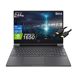 HP Victus 15 Gaming Laptop 15.6" FHD 144Hz IPS (Intel 12th Gen i5-12450H (Beats i7 10750H, 16GB RAM, 512GB PCIe SSD, GeForce GTX 1650 4GB) Backlit Keyboard, Type-C, IST Cable, Win 11 Home