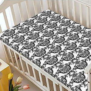 Damask Themed Fitted Crib Sheet,Standard Crib Mattress Fitted Sheet Ultra Soft Material - Great for Boy or Girl Room or Nursery,28“ x52“,White Black