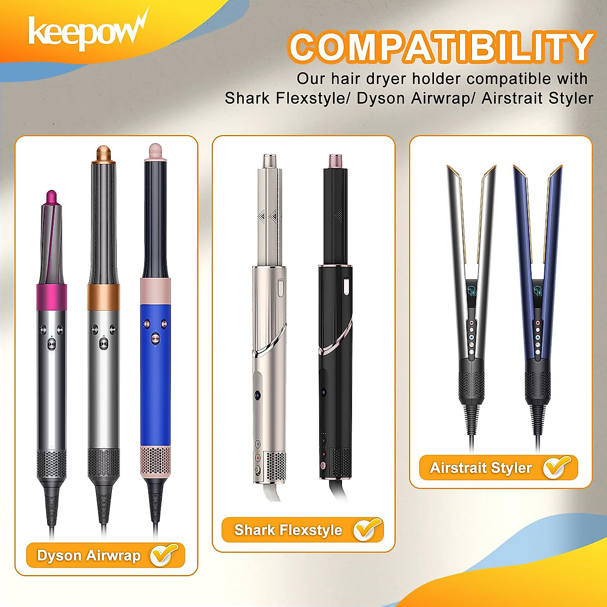 KEEPOW Hair Dryer Holder Wall Mount Compatible with Shark Flexstyle/Dyson Airwrap/Airstrait Styler, Hair Dryer Stand Hair Tool Organizer Hairdryer Storage Attachment Holder for Bathroom Hotel