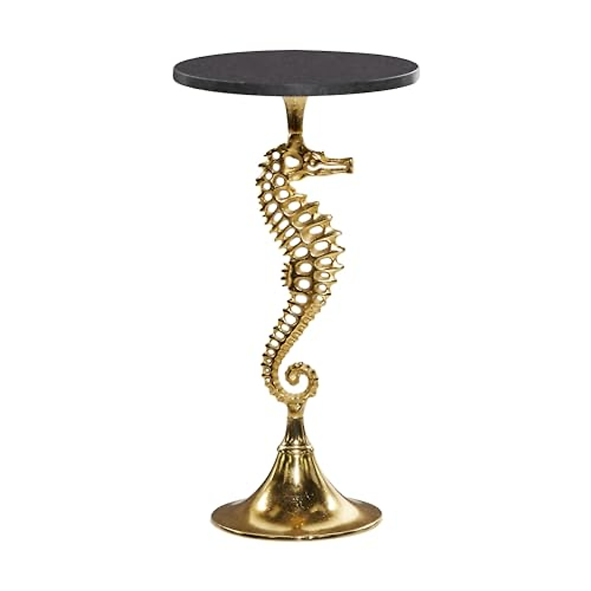 Deco 79 Aluminum Metal Sea Horse Side End Accent Table End Table with Black Marble Table Top, Side Table 13" x 13" x 25", Gold