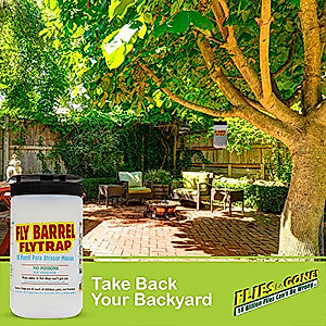 Flies Be Gone Barrel Fly Trap - Reusable Container with Patent Pending Screw Lid – 2 Non-Toxic, Poison and Pesticides Free KM34 Fly Attractant Packs - for Outdoor Home and Commercial Use