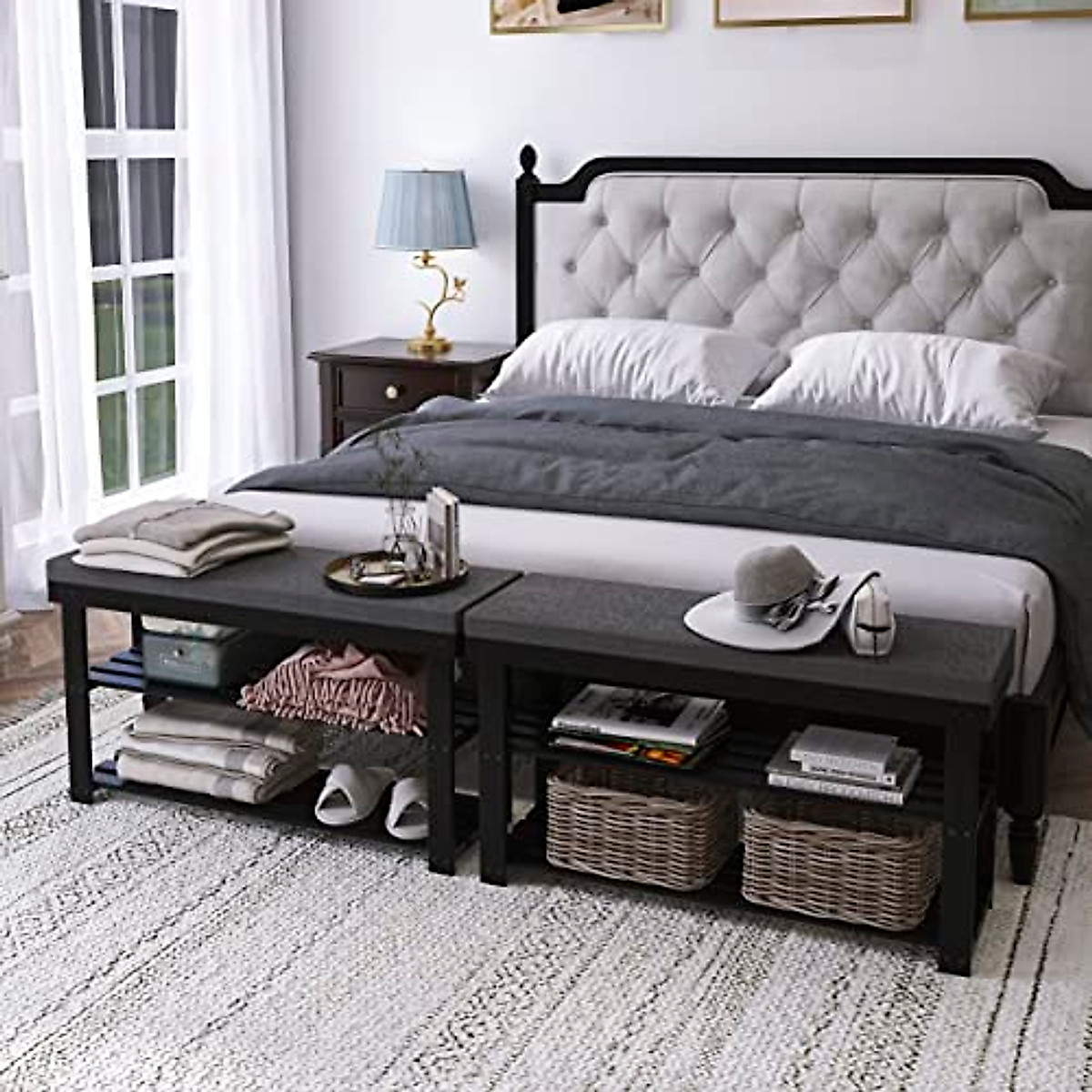 SMIBUY Shoe Rack Bench, 3-Tier Sturdy Bamboo Shoe Organizer with Upholstered, Storage Shelf for Entryway, Hallway, Bedroom or Living Room, 34.26 x 11.82 x 19.3 Inches, (Black and Grey)