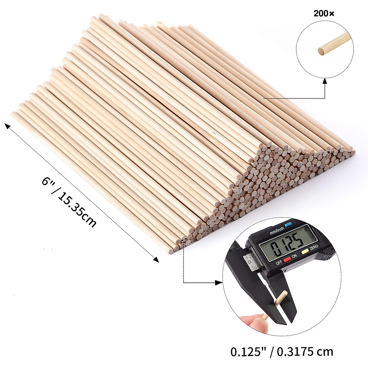 Wooden Dowel Rods Assorted 1/8 Inch x 6", 200 Wood Dowels, Wooden Dowels for Crafts, Precut Dowels for Crafting, Hardwood Dowel Rod, Wooden Rod Sticks Doweling Rods, Cake Dowels for Tiered Cakes