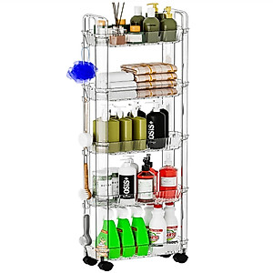 5 Tier Slim Storage Cart with Wheels,Clear Thin Bathroom Standing Shelf,Narrow Bathroom Caddy on Wheels Space Savers Organizers,Skinny Laundry Organizer for Detergent