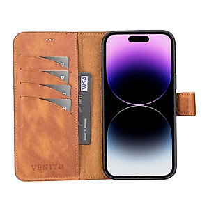 Venito Ravenna Slim Magic Leather Wallet Case for iPhone 14 Pro Max (6.7" Antique Brown)