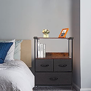 CONNOO Nightstand, Bedside Table with 3 Fabric Drawer, Storage Shelf, 2 Wooden Top, Night Stands Dresser for Bedroom, Hallway, Hotel, Closet, Nursery, Living Room, Office, Industrial Rustic Black