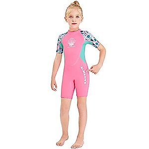 Wetsuit Kids Shorty Neoprene Thermal Diving Swimsuit 2.5MM for Girls Boys Child Teen Youth Toddler, One Piece Children Rash Guard Swimming Suit UV Protection Sunsuit for Surfing (Girl Pink, M)
