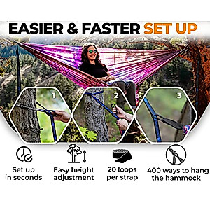Foxelli Hammock Straps XL – Camping Hammock Tree Straps Set (2 Straps & Carrying Bag), 20 ft Long Combined, 40+2 Loops, 2000 LBS No-Stretch Heavy Duty Straps for Hammock Suspension System Kit