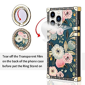 HoneyAKE Compatible with iPhone 13 Pro Max Case with Kickstand Women Girls Soft TPU Shockproof Protective Heavy Duty Metal Reinforced Square Phone Case Cover for iPhone 13 Pro Max 6.7 inch Flower