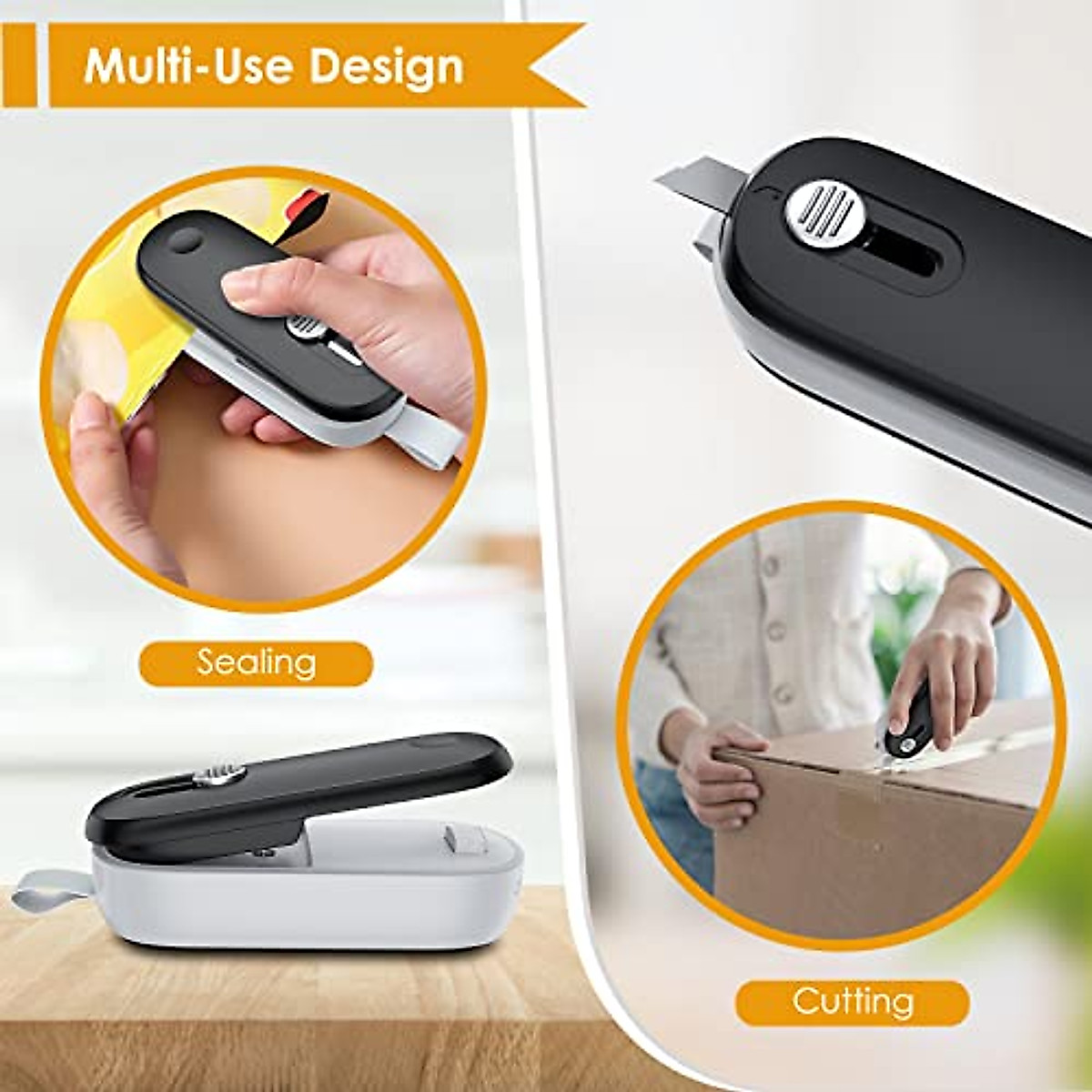 FEPPO Mini Bag Sealer, 2 in 1 Heat Sealer with Cutter, Chip Bag Sealer Heat Seal with Cutter Portable Resealer Machine for Plastic Bags Food Storage Snacks (Batteries Included)