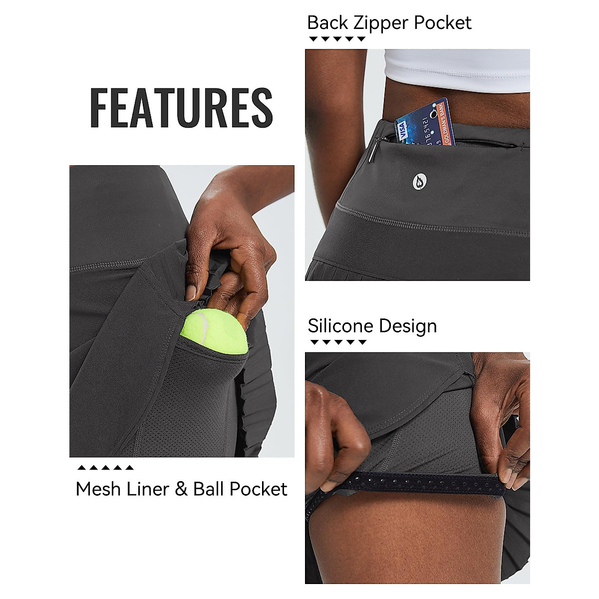 BALEAF Women's Pleated Tennis Skirts High Waisted Lightweight Athletic Golf Skorts Skirts with Shorts Pockets Gray Medium